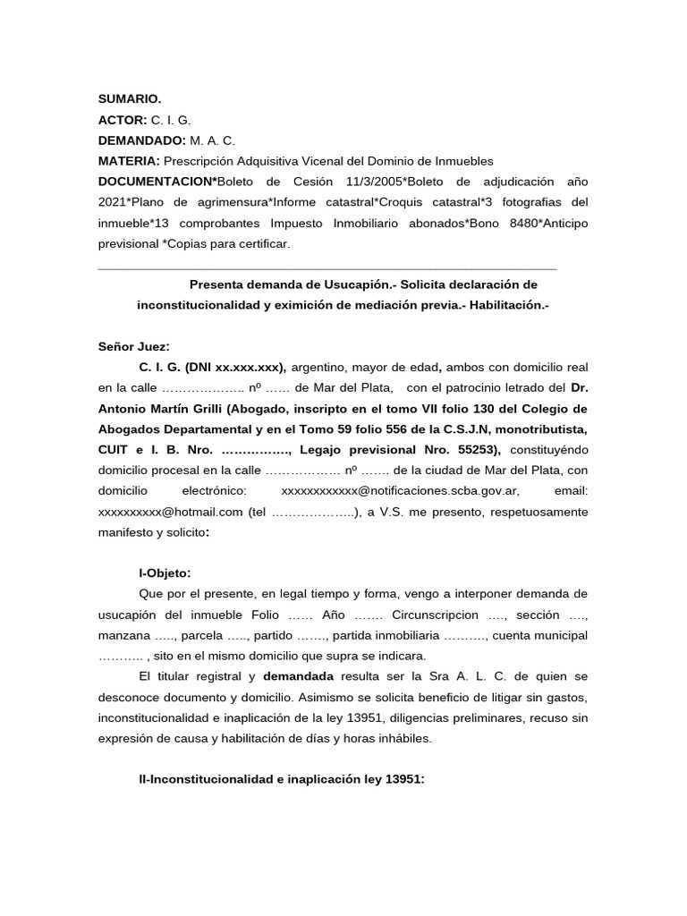 Modelo de Demanda de Usucapion | PDF | Propiedad | Mediación