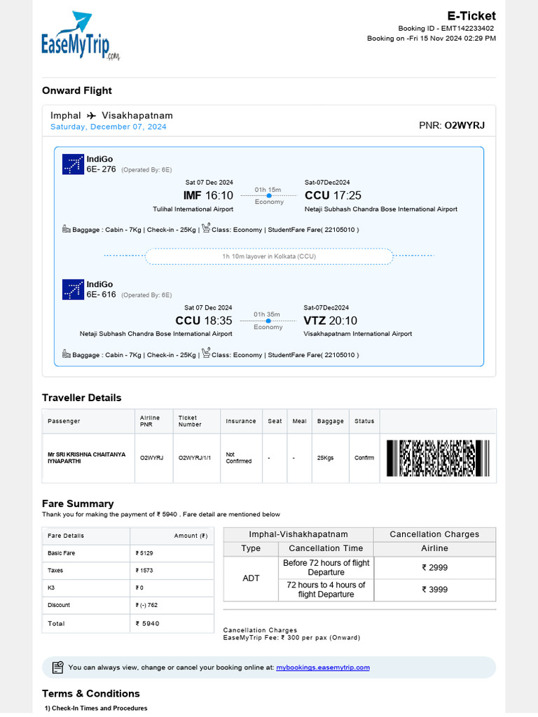EaseMyTrip Flight E-Ticket For Flights | PDF | Travel Visa