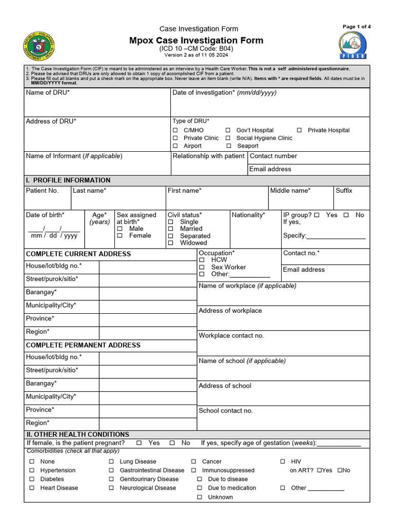 Mpox Case Investigation Form Guide | PDF | Infection | Health Sciences