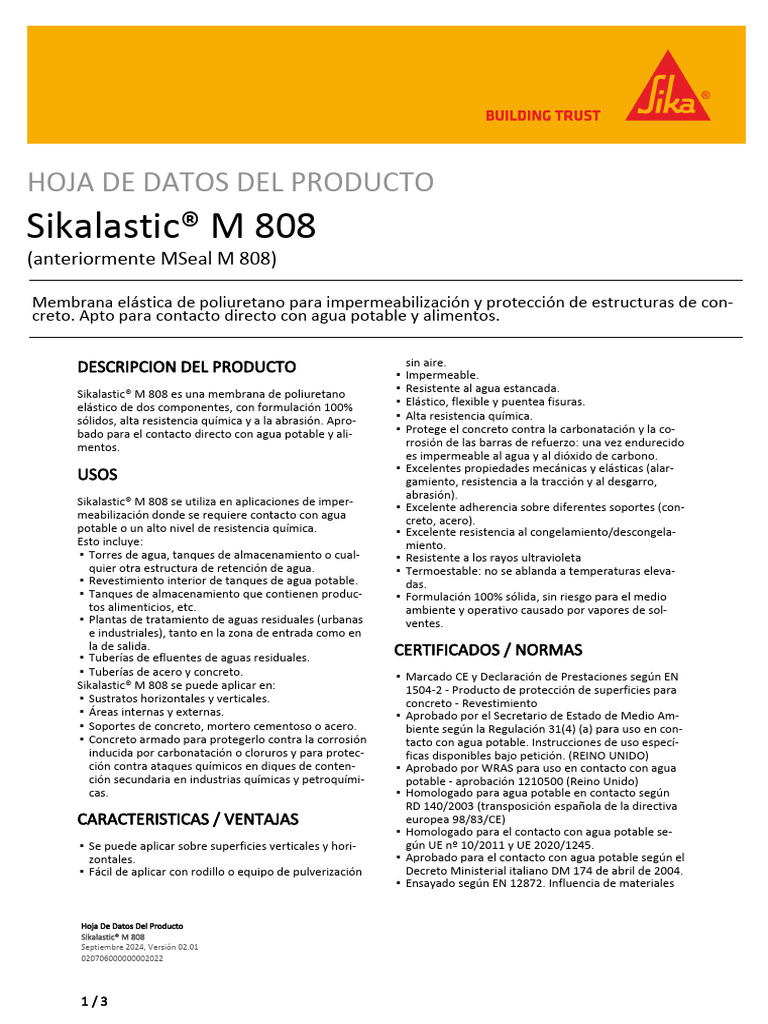Sikalastic M 808 | PDF | Agua | Hormigón