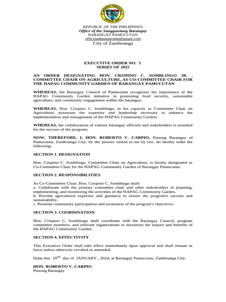 EXECUTIVE ORDER NO. 5 Hapag | PDF | Government
