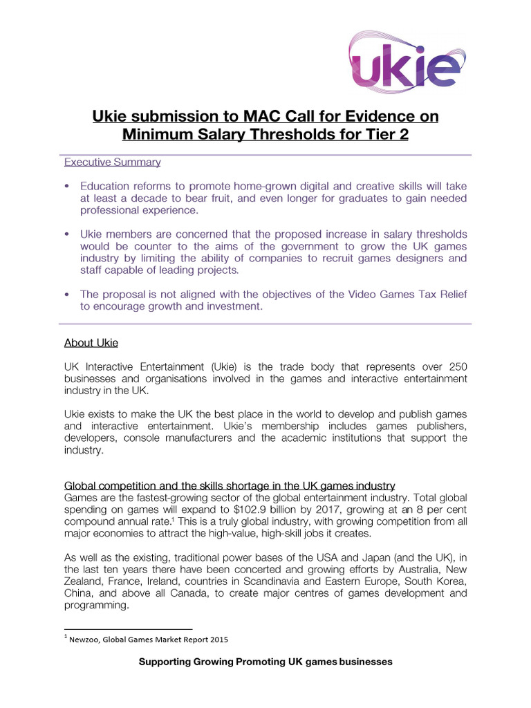 Resources Documents Ukie Submission To MAC Salary Thresholds Review | PDF