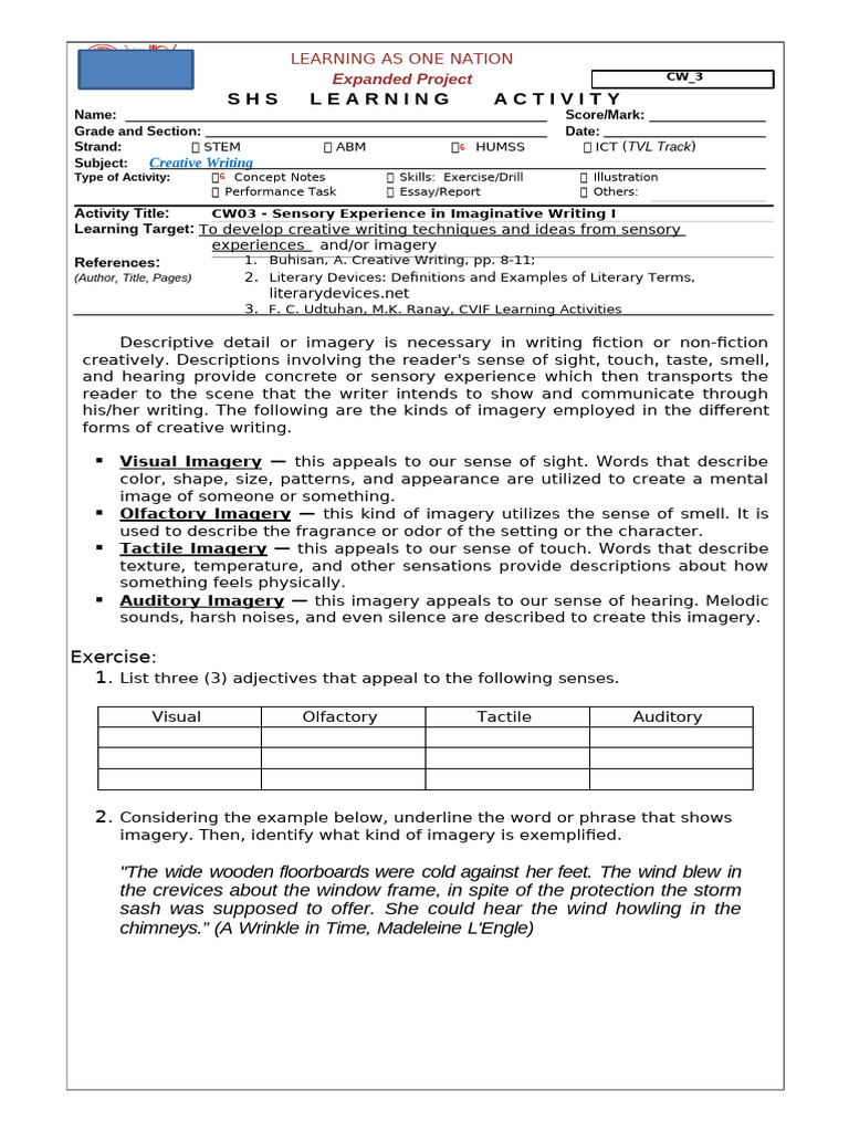 Creative Writing LAS 3 Sensory Experience in Imaginative Writing I ...