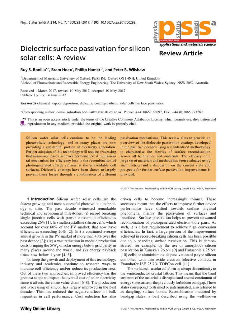 Dielectric surface passivation for silicon solar cells: A review | PDF ...