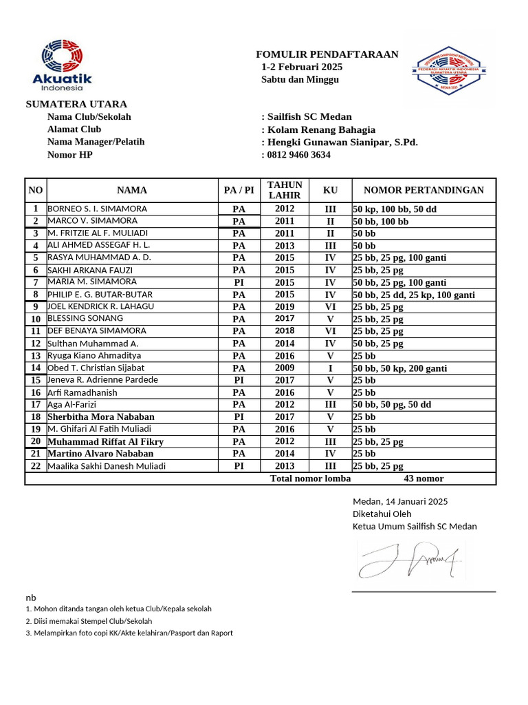 Formulir Pendaftaran NSC From Sailfish SC | PDF