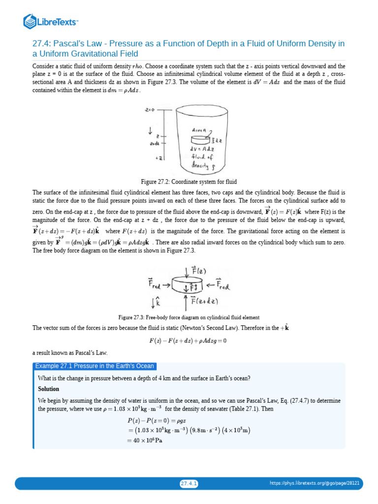 27.04 Pascals Law - Pressure As A Function of Depth in A Fluid of ...