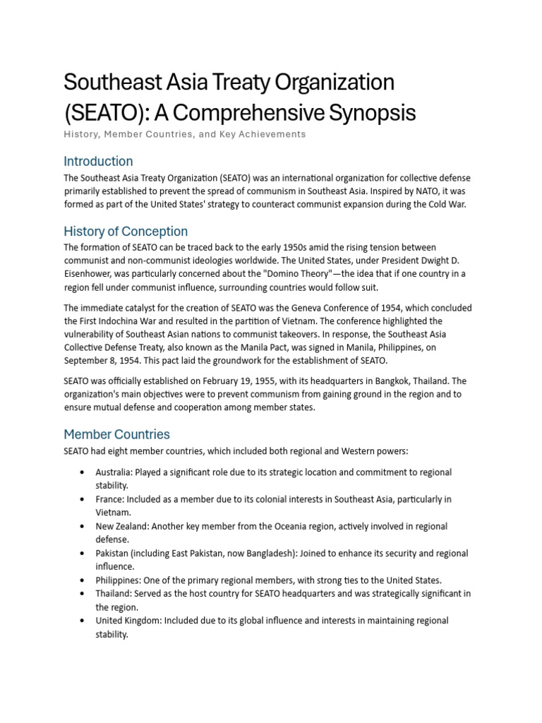 Synopsis of Southeast Asia Treaty Organization | PDF | Military ...