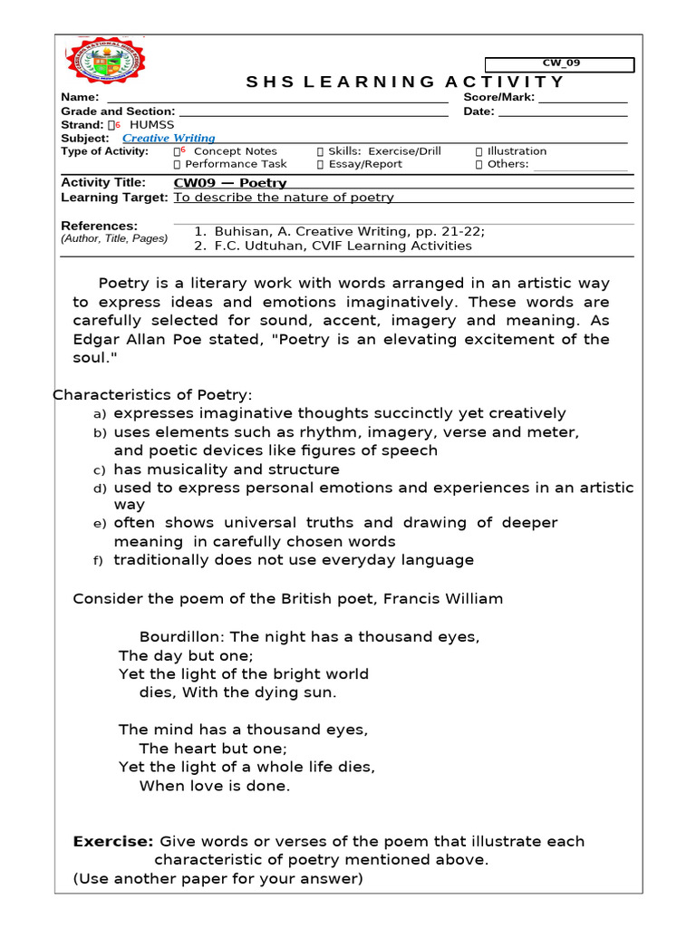 Shs Learning Activity: Creative Writing | PDF