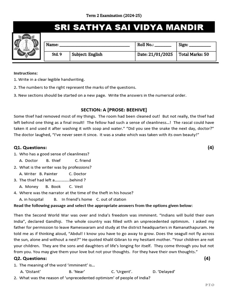Gr9 English TermII (2024-25) | PDF | Cognition