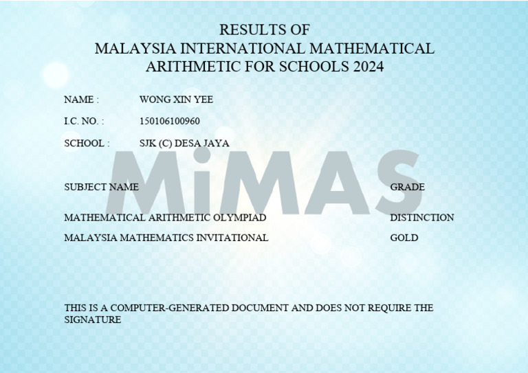 Malaysia International Mathematical Arithmetic For Schools 2024 ...