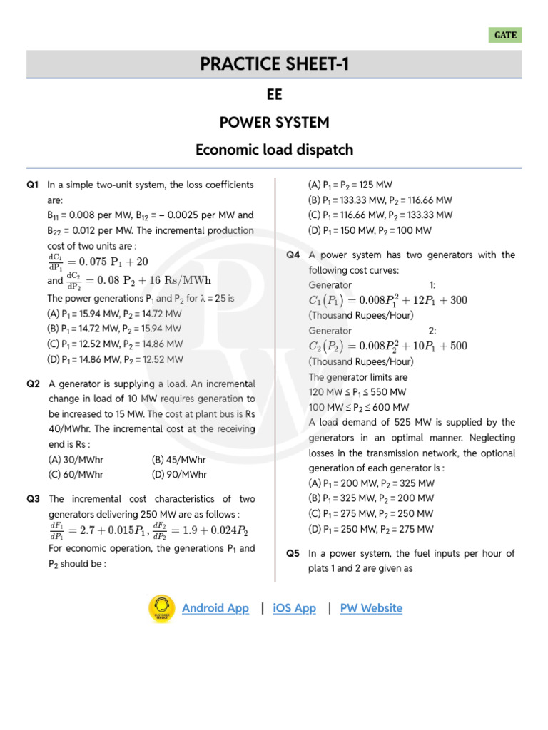 GATE Power Systems Practice Sheet | PDF | Power (Physics) | Electricity