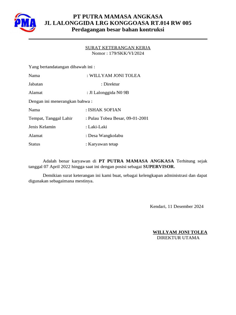 SK Kerja PT Mamasa | PDF