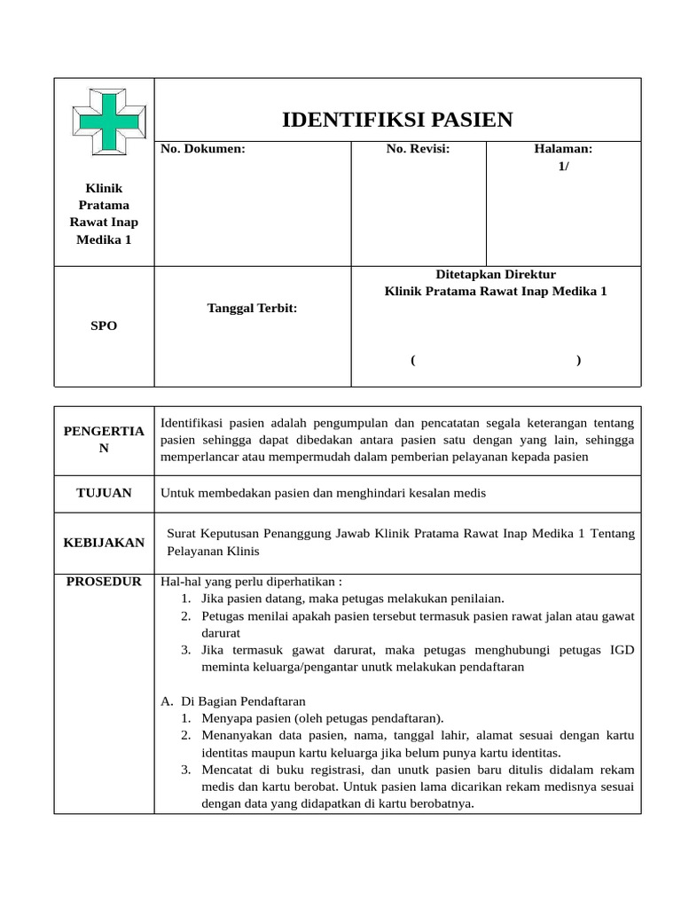 Prosedur Identifikasi Pasien Medika 1 | PDF