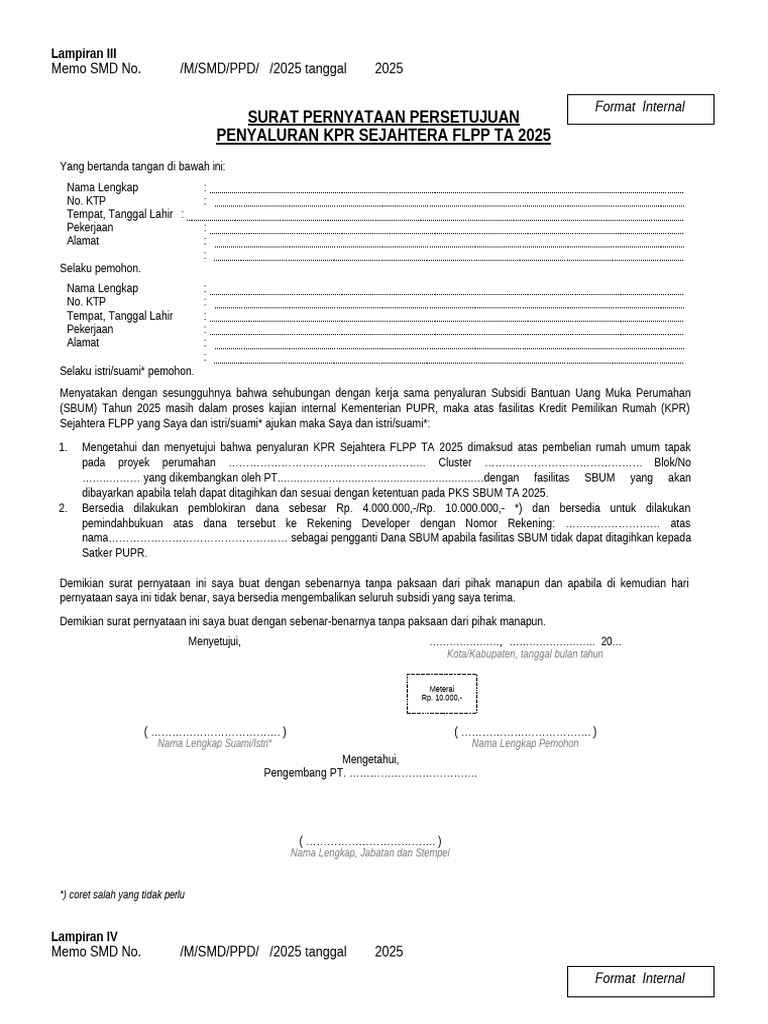 Lampiran Memo Penyaluran Pelaksanaan KPR Sejahtera FLPP TA 2025 | PDF