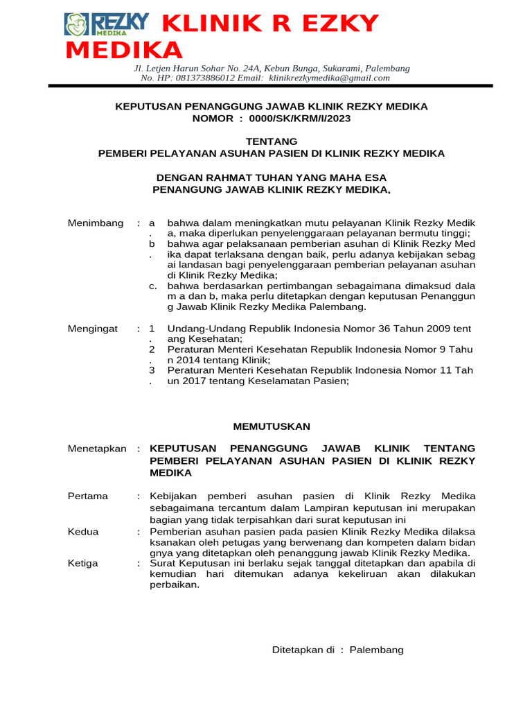 Kebijakan Asuhan Pasien Klinik Rezky Medika | PDF