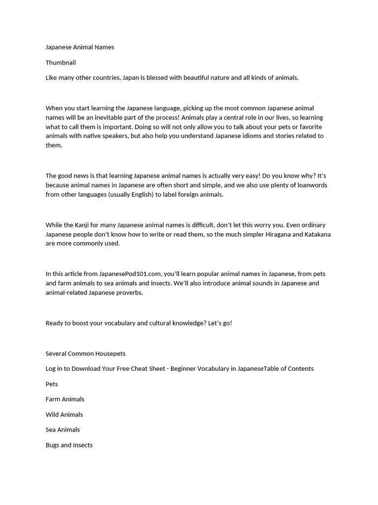 Japanese Animal Names and Vocabulary | PDF | Japanese Language | Kanji