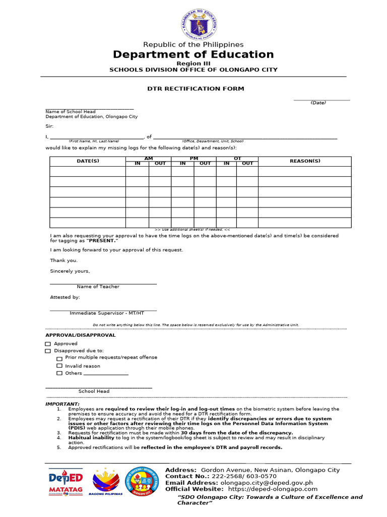 DTR Rectification Form for Teachers | PDF | Philippines | Public ...