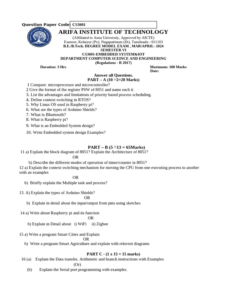 Embedded &IOT Model Exam Questions | PDF | Embedded System | Arduino