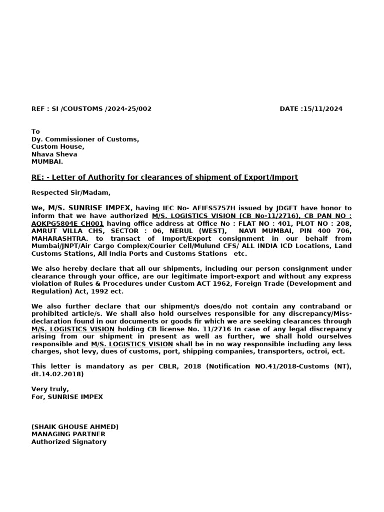 Authorization Letter for Customs Clearance | PDF
