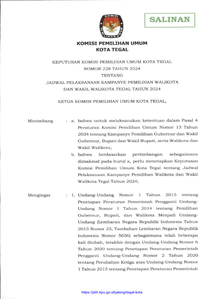 Jadwal Pelaksanaan Kampanye Pemilihan Walikota Dan Wakil Walikota Tahun 2024 | PDF