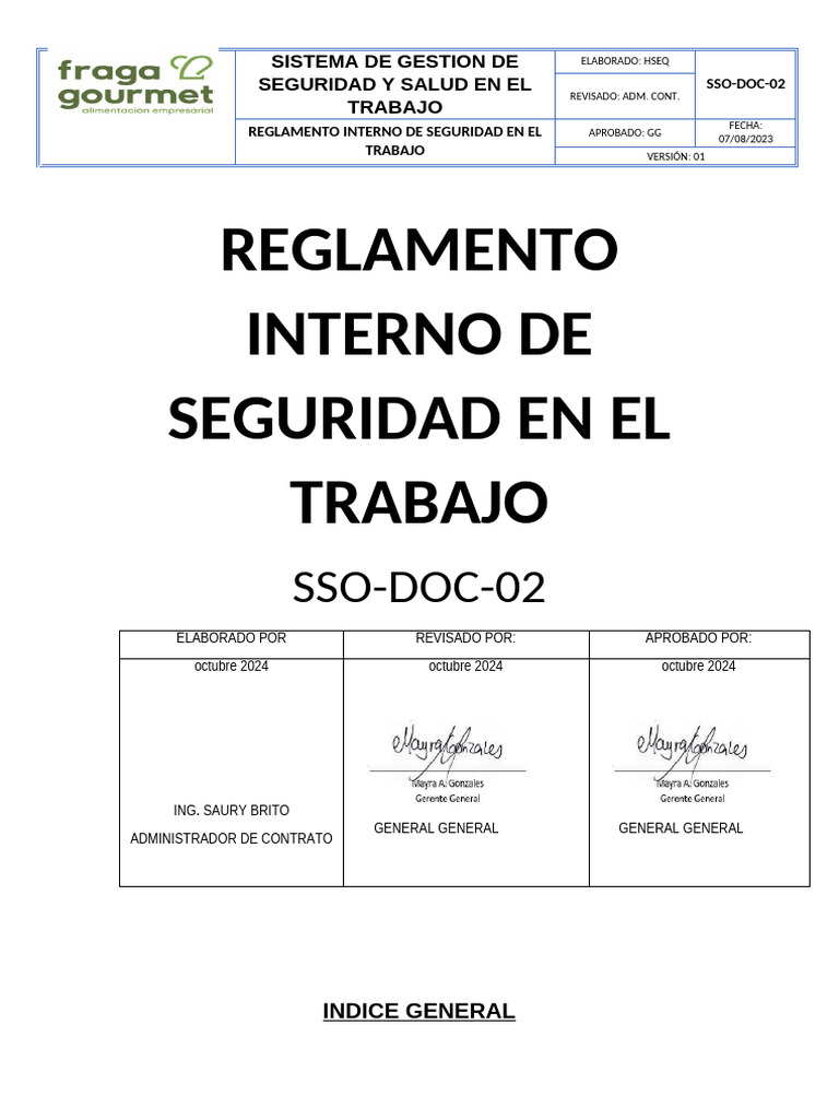 SSO-DOC-002 - REGLAMENTO INTERNO DE SEGURIDAD EN EL TRABAJO (1) | PDF | Seguridad y salud ...