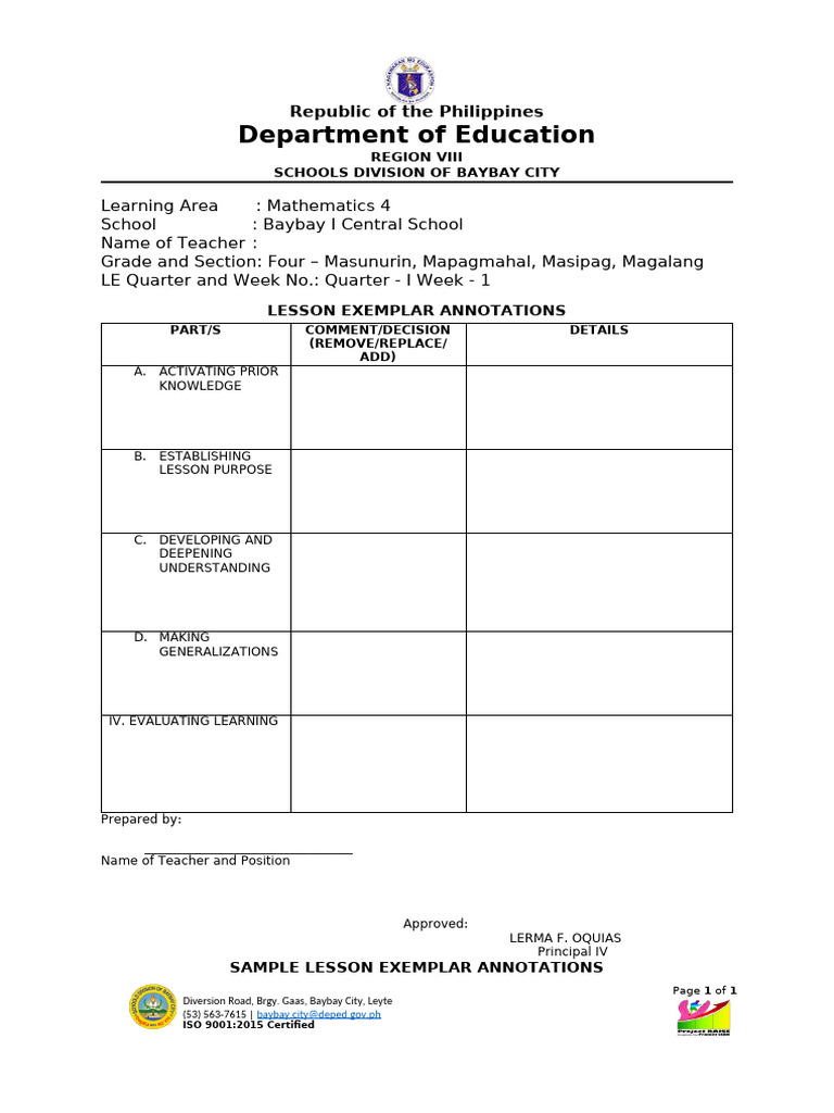LESSON EXEMPLAR TEMPLATES Editable | PDF | Teachers | Cognition