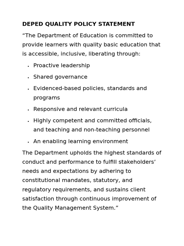Deped Quality Policy Statement | PDF