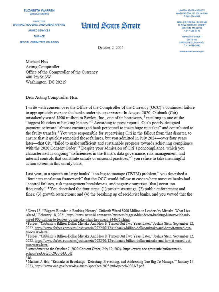 Final - Warren Letter To Occ Re Too Big To Manage and Citibank | PDF ...