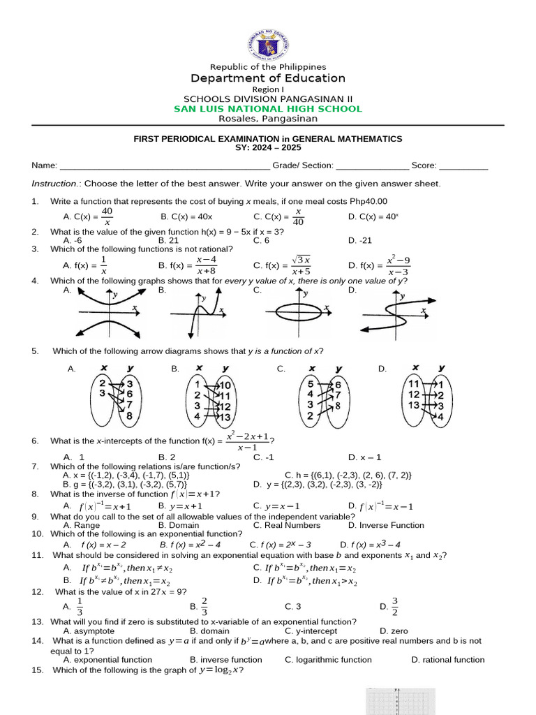 First Quarter Exam - Gen Math | PDF | Function (Mathematics) | Exponential Function