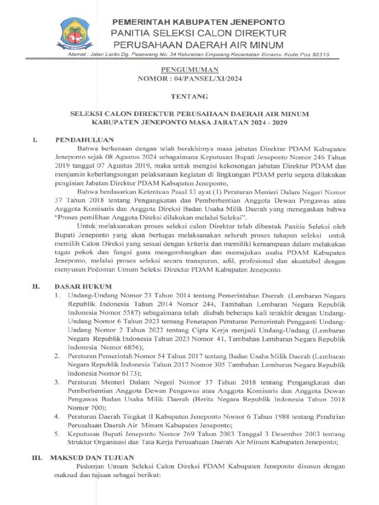 Penguman Seleksi Calon Direktur Pdam 2024 Fikss | PDF