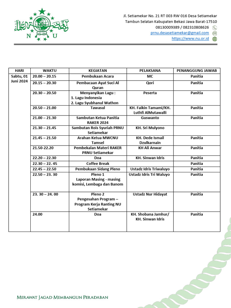 Roundown Acara Rapat Kerja Prnu Setiamekar | PDF