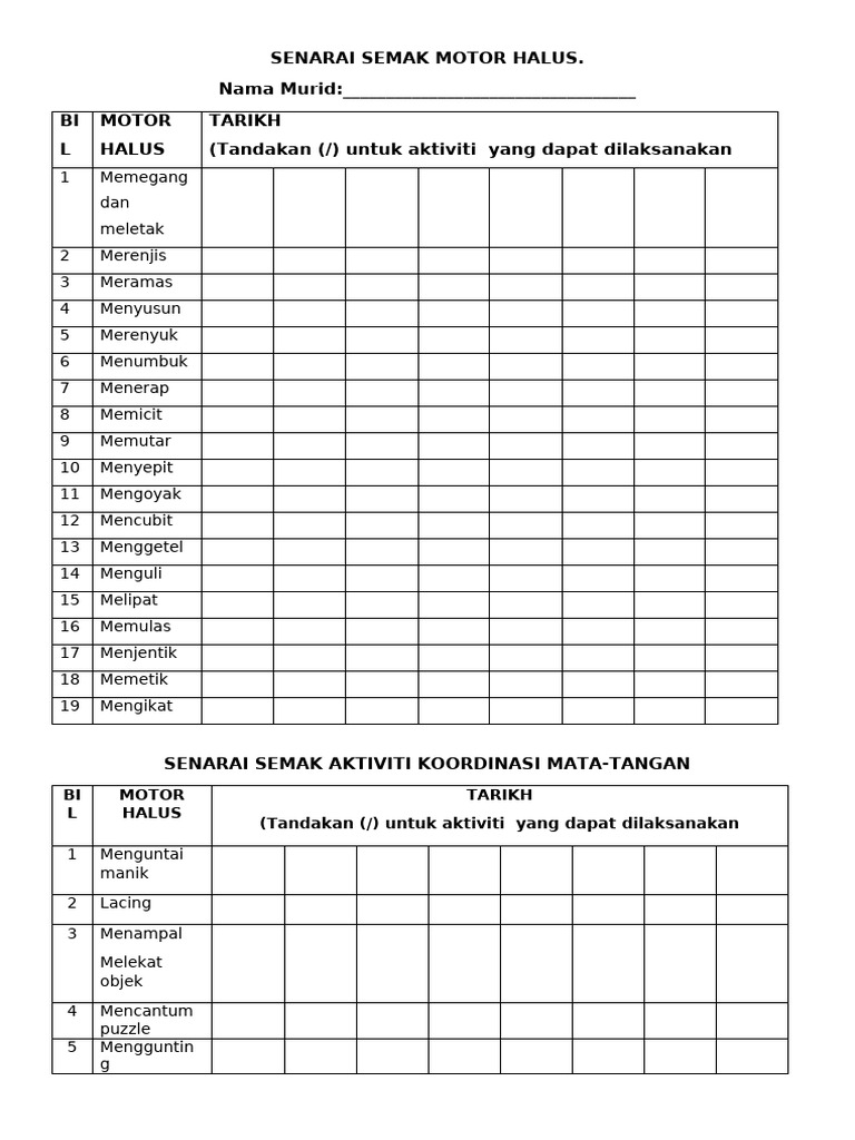 Senarai Semak Aktiviti Motor Halus | PDF