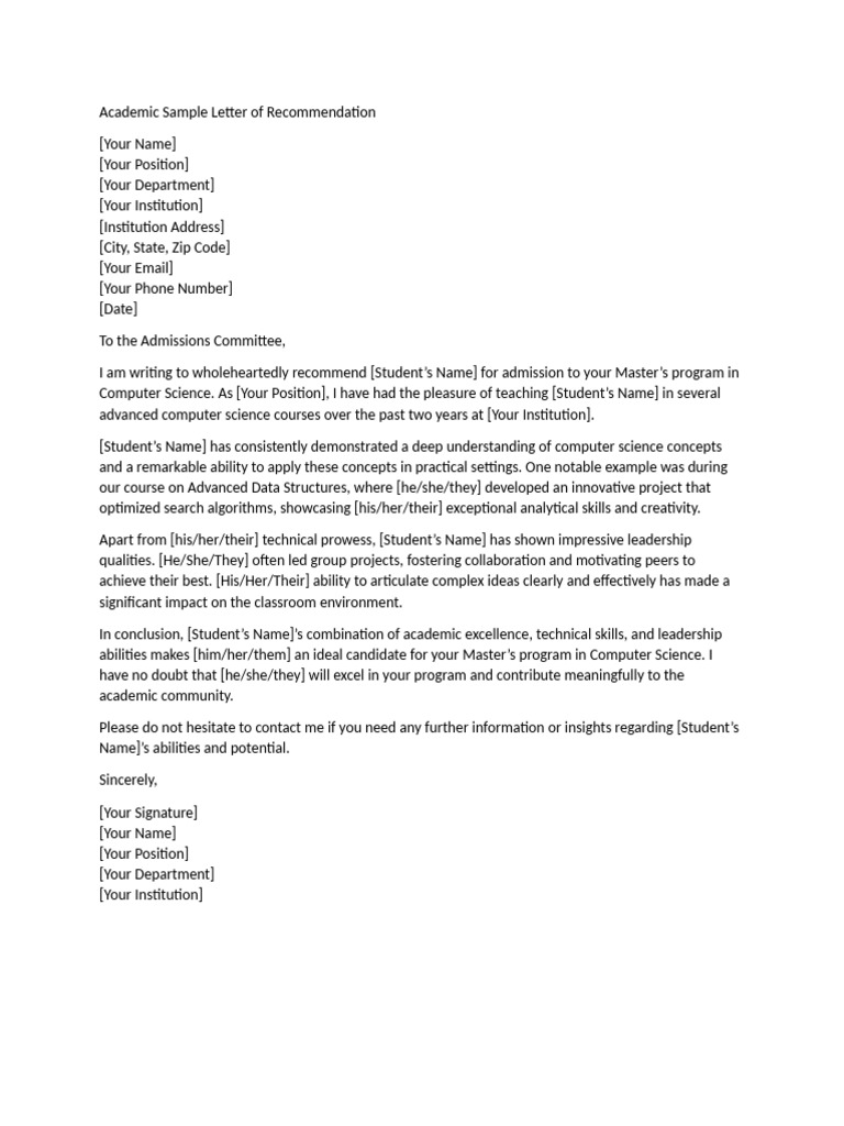 Academic Sample Letter of Recommendation | PDF | Leadership | Computer ...