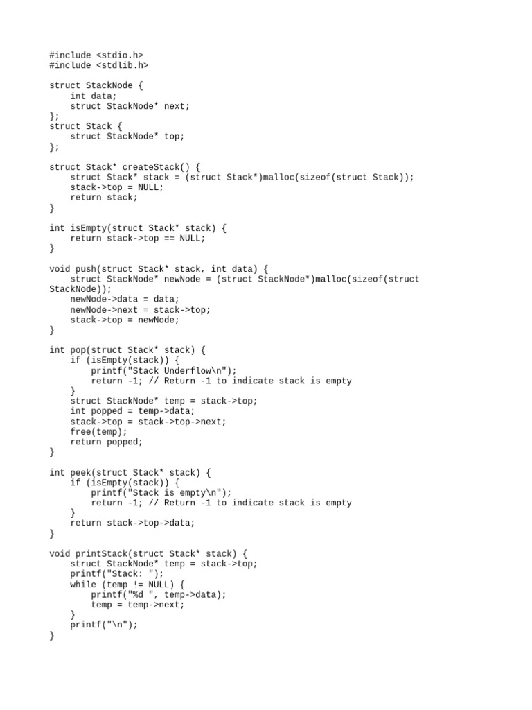 C Stack Implementation in C Language | PDF