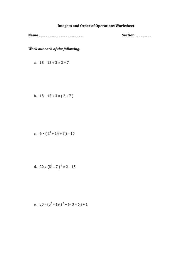 8 . Integers and Order of Operations Worksheet | PDF