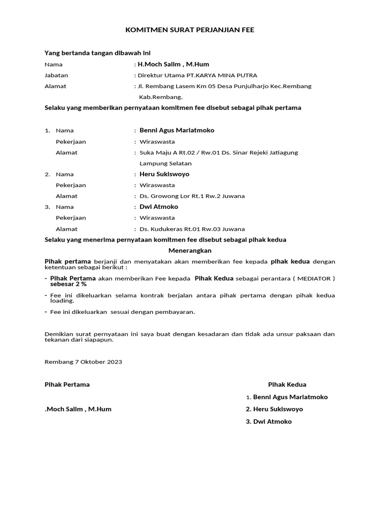 Surat Perjanjian Komitmen Fee | PDF