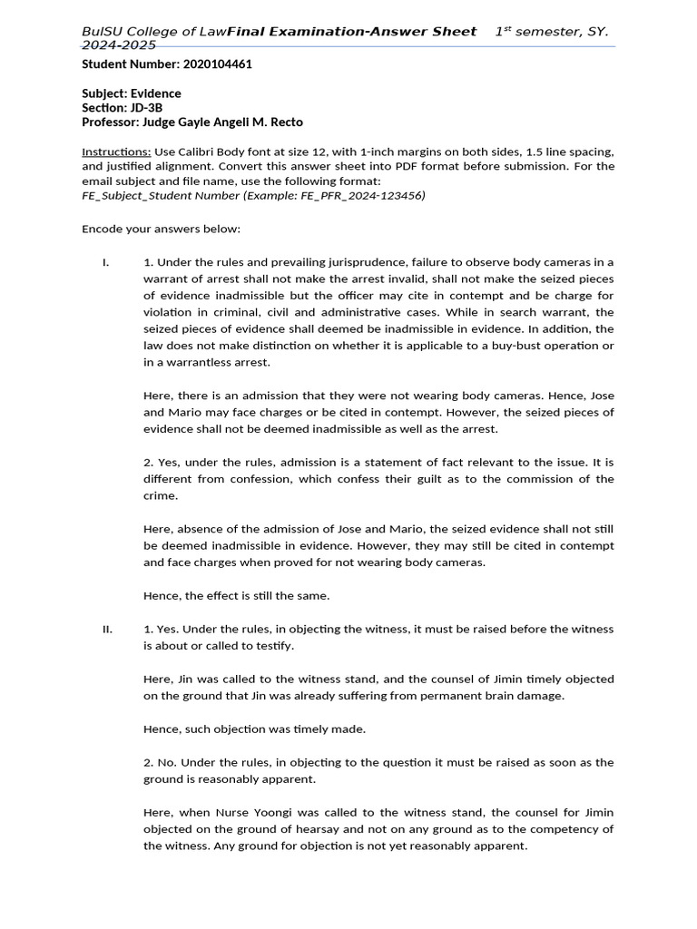Standard Answer Sheet - Finals | PDF | Witness | Testimony
