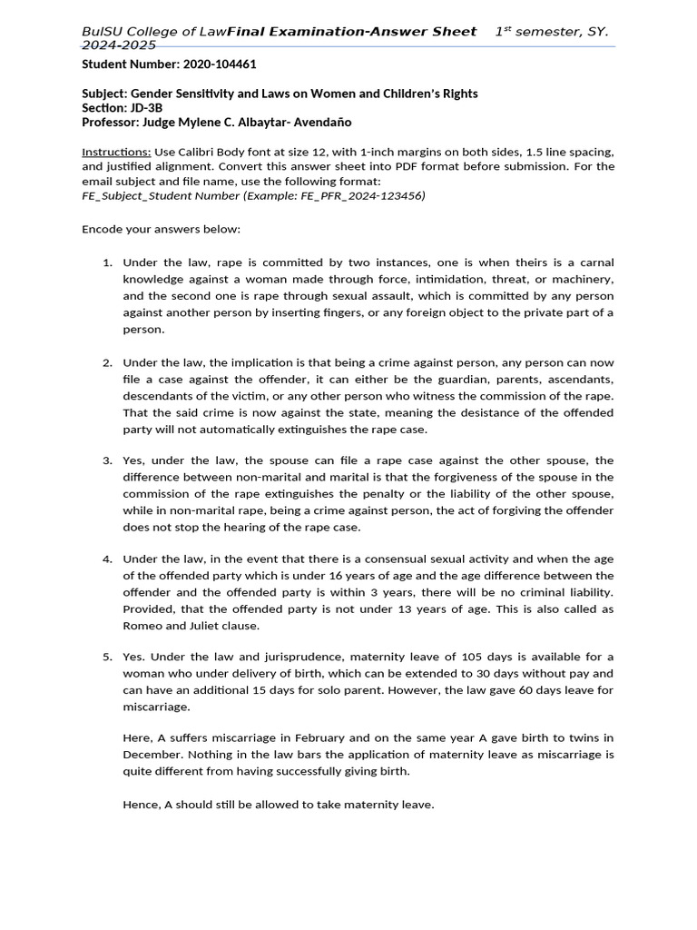 Standard Answer Sheet - Finals | PDF | Rape | Sexual Slavery