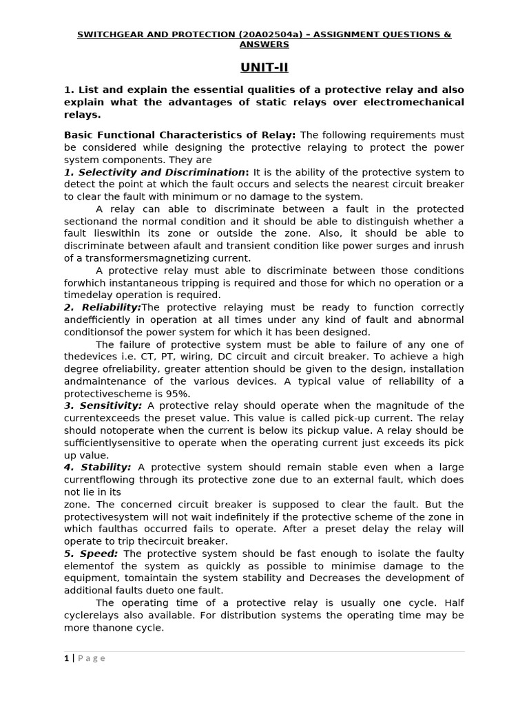 SGP Assignment Questions & Answers (Unit-2) | PDF | Relay | Power Engineering