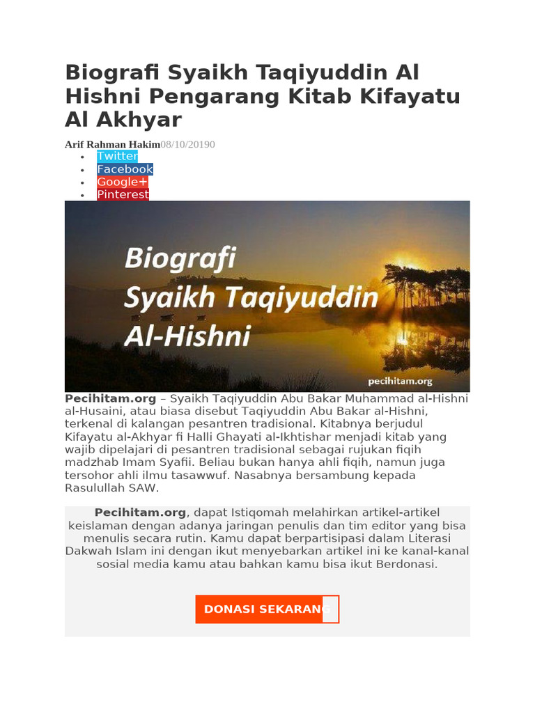 Biografi Syaikh Taqiyuddin Al Hishni Pengarang Kitab Kifayatu Al Akhyar | PDF