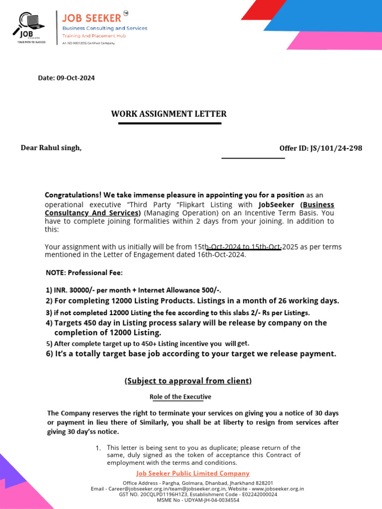 Offer - Letter - Flipkart - Rahul Singh - 2024 - PDF | PDF | Business ...