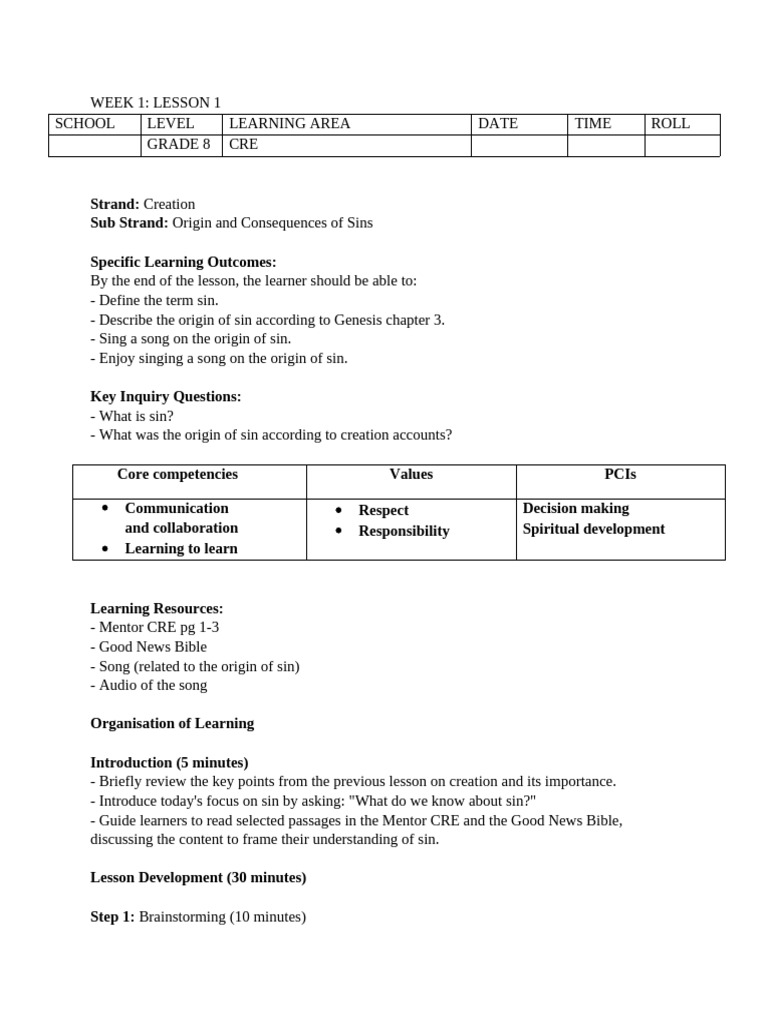 Grade 8 Rationalized Cre Lesson Plans Term 1 | PDF | Salvation | Learning