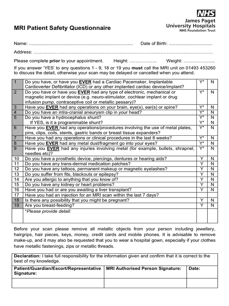 MRI Safety Questionnaire | PDF | Implant (Medicine) | Magnetic ...
