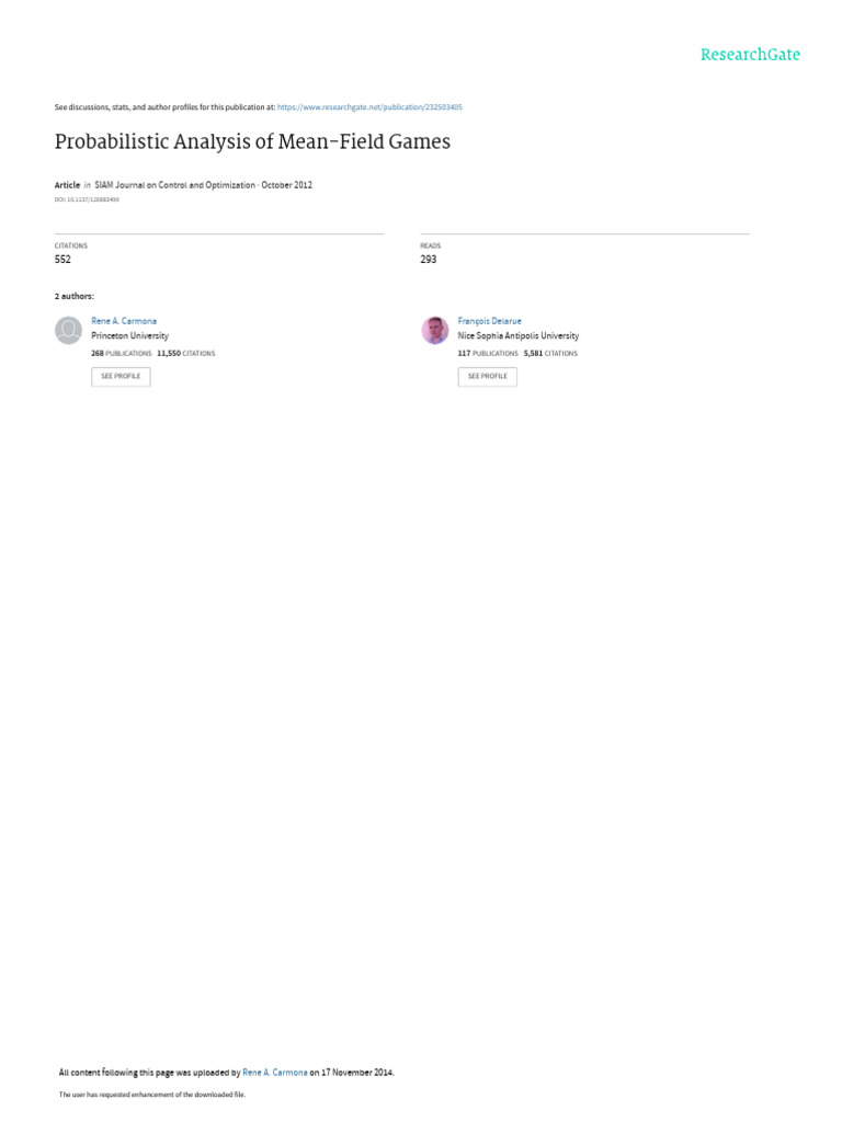 Probabilistic Analysis of Mean-Field Games | PDF | Stochastic Differential Equation | Partial ...