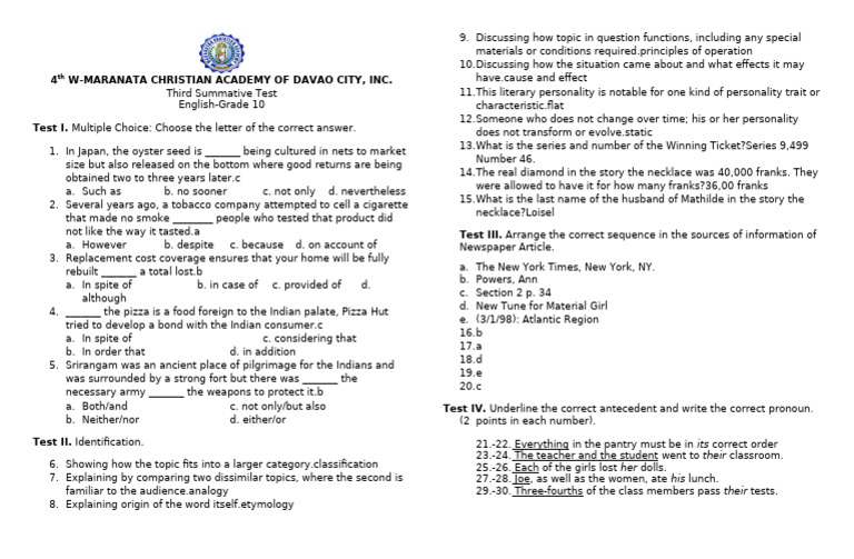 3rd Summative English 10 A | PDF