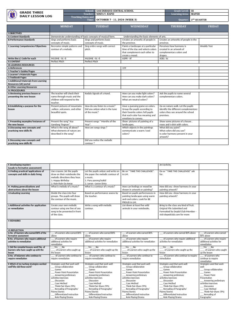 DLL_MAPEH 3_Q2_W3 | PDF | Teachers | Learning