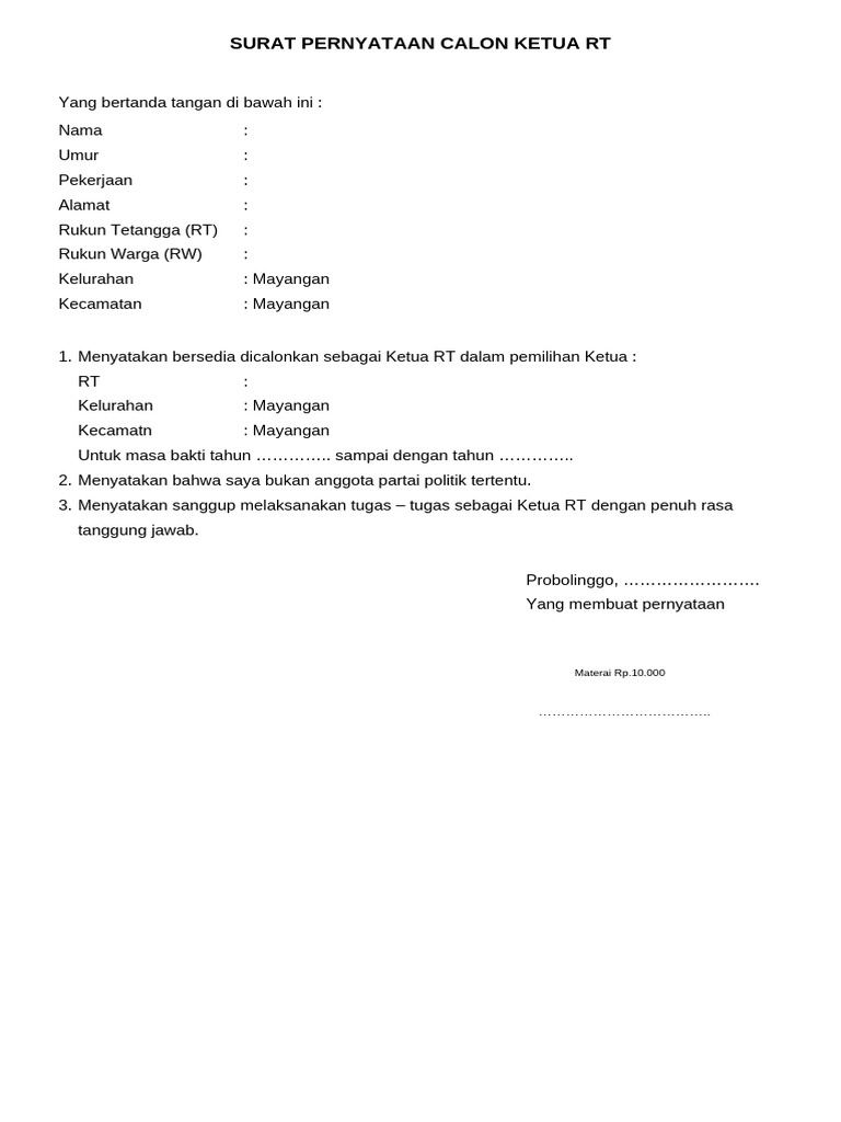 Surat Pernyataan Calon Ketua RT | PDF