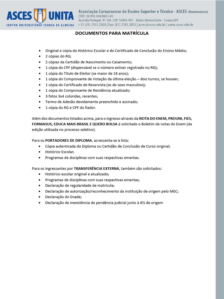 Asces-Unita_-Secretaria_Academica_Documentos_para_Matricula | PDF