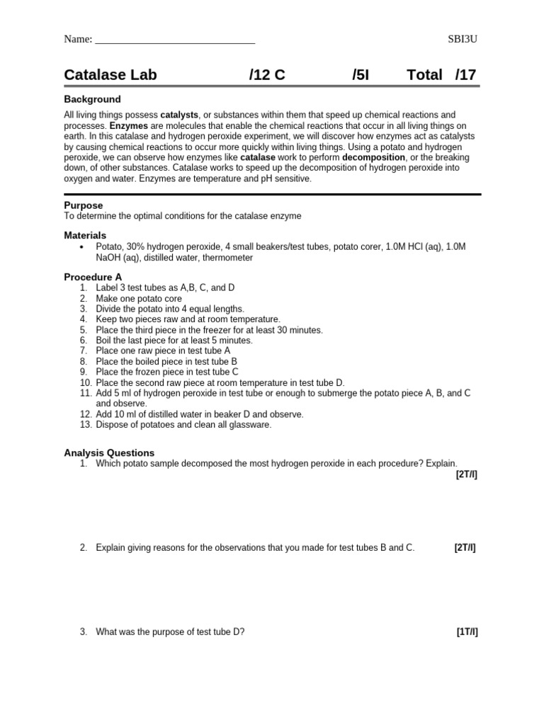 Catalase Lab Novembe 2021 | PDF | Catalase | Hydrogen Peroxide