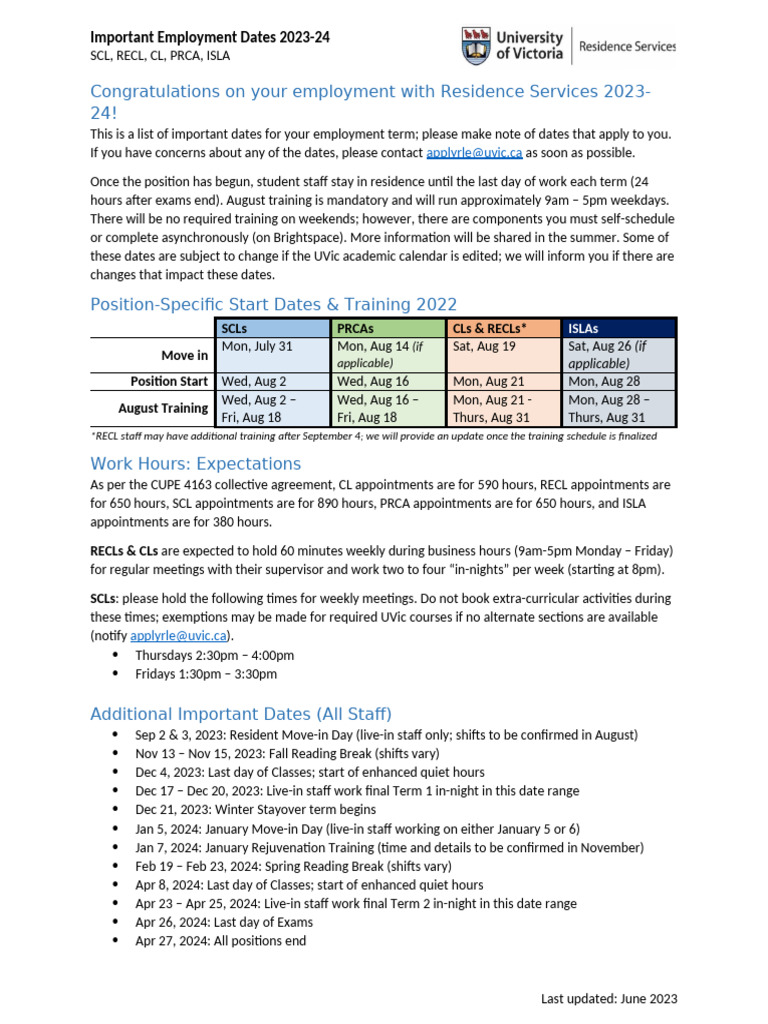 2023-24 Employment Dates for UVic Staff | PDF
